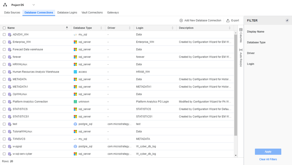 Crea, modifica ed elimina connessioni database autonome e login database