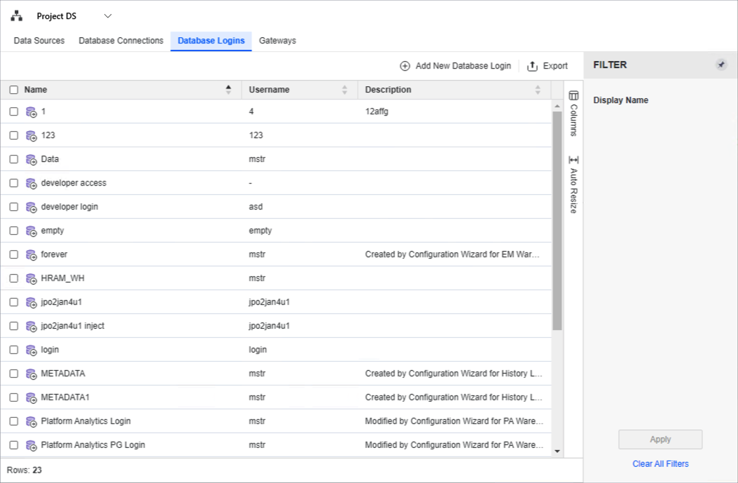 Crea, modifica ed elimina connessioni database autonome e login database